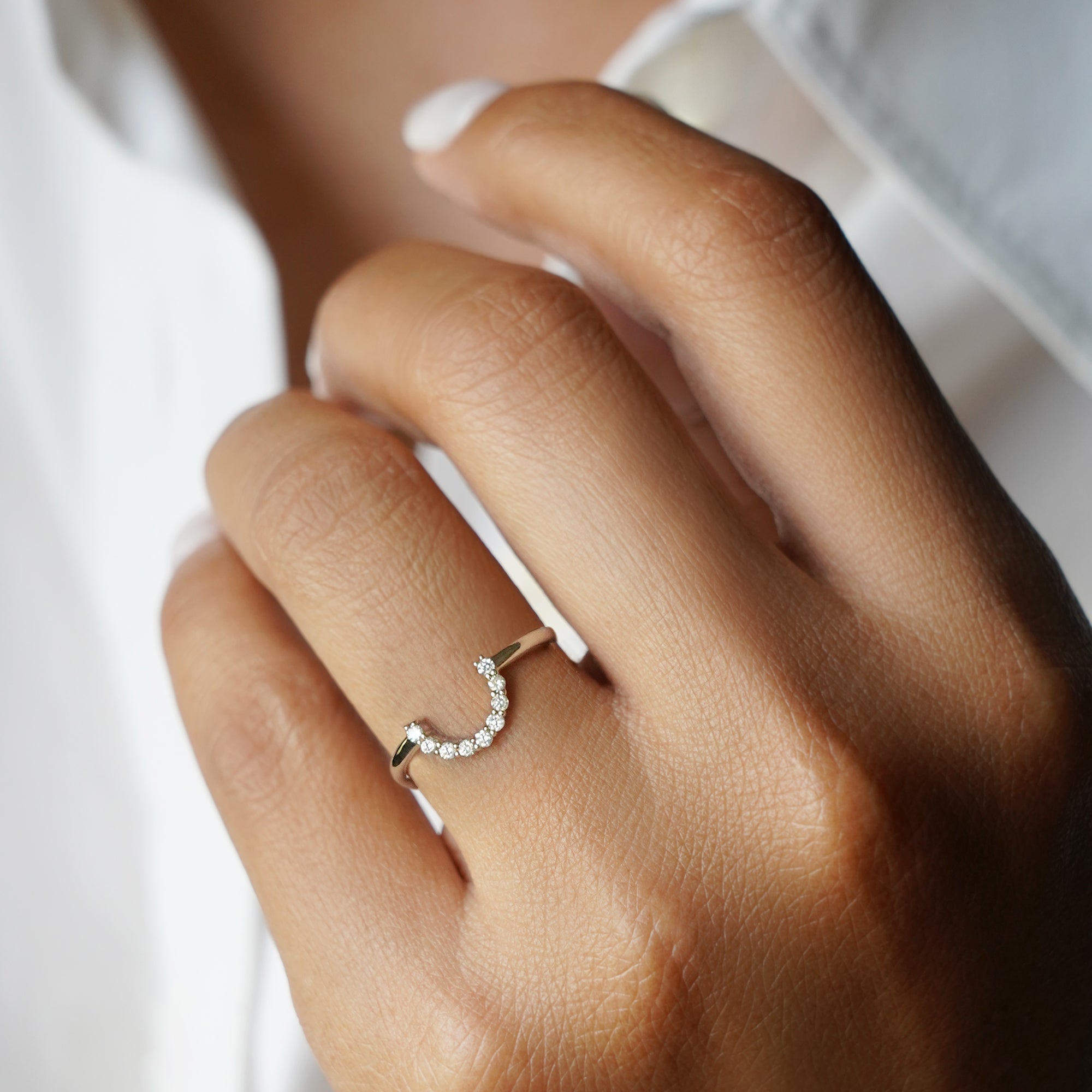 Half Circle Diamond Ring - Solid 14K White Gold