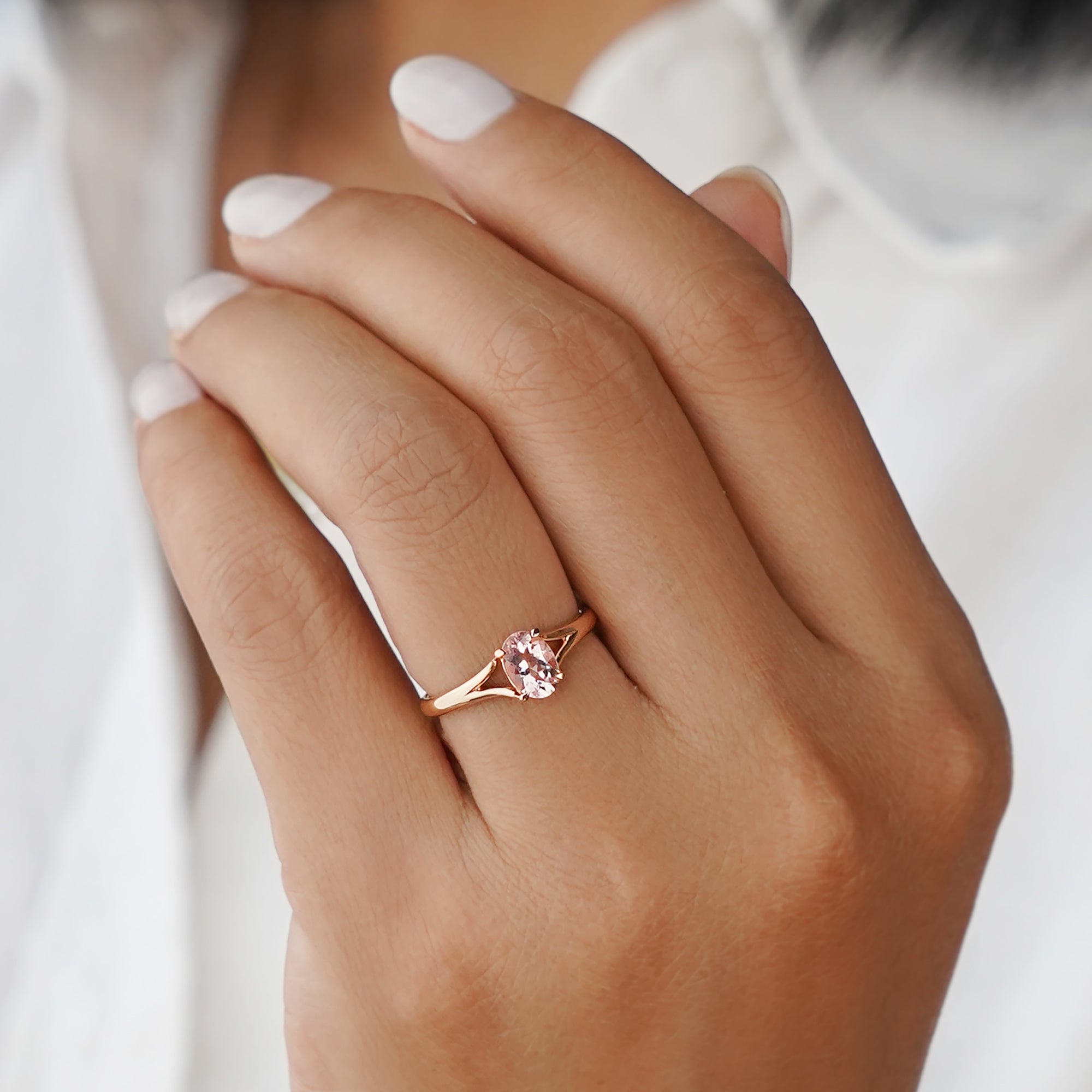 Pink Morganite Double Shank Ring - Solid 18k Rose Gold