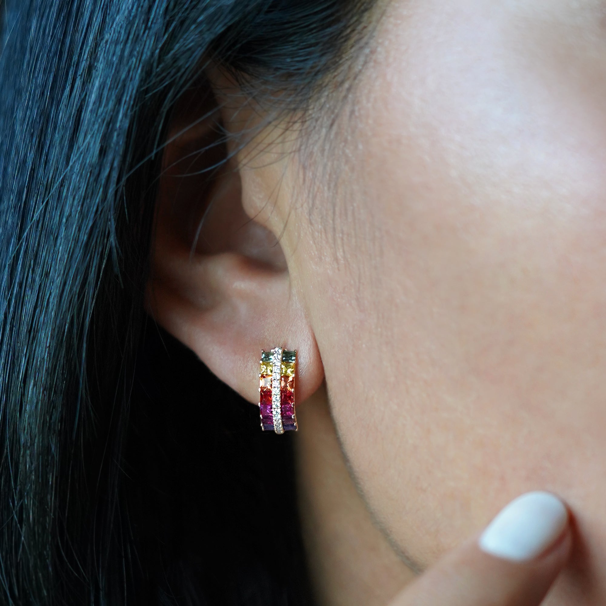 Multi Colored Rainbow Sapphire & Diamond Huggies - Solid 18K Rose Gold