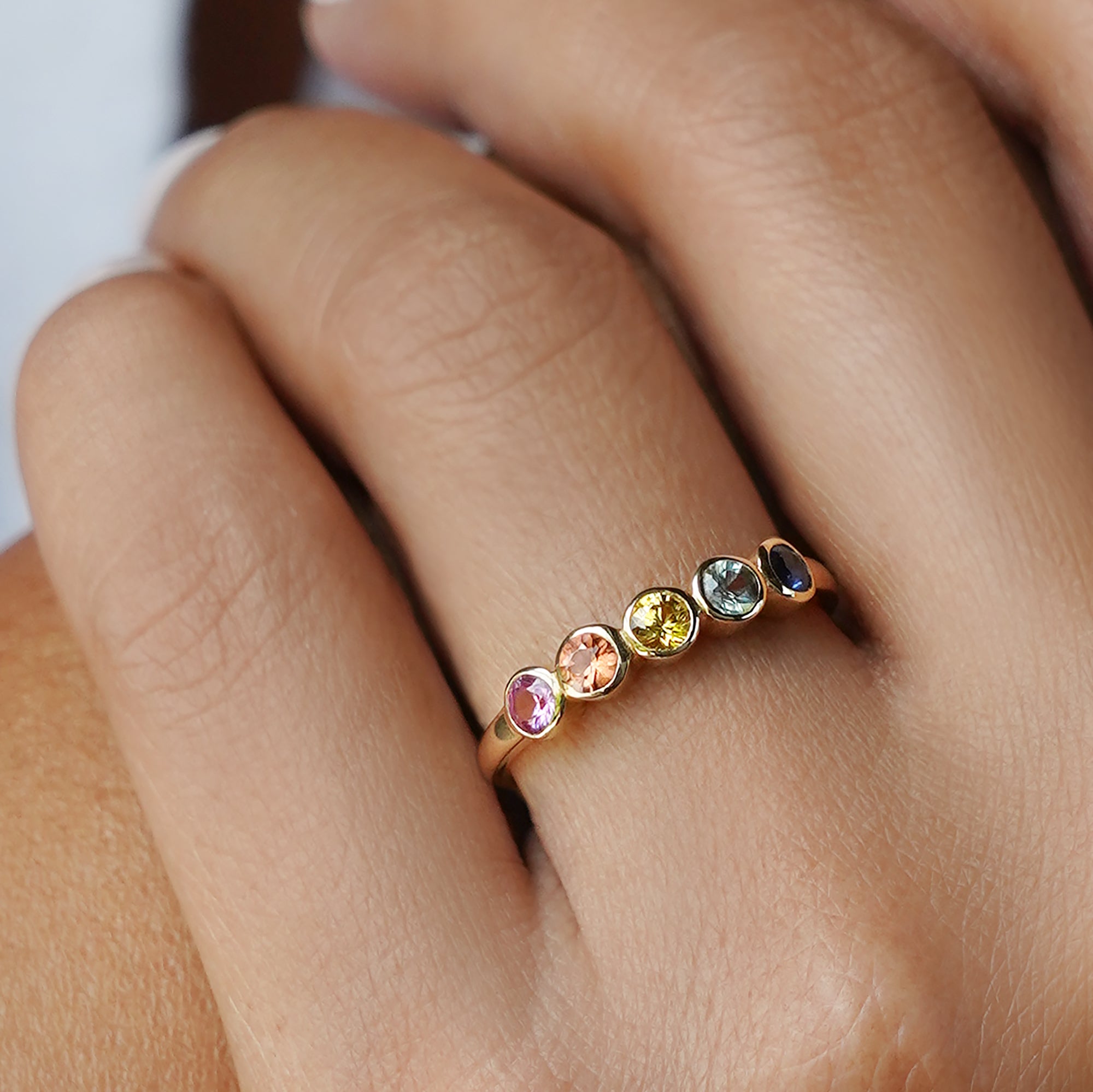 Rainbow Sapphires Bezel Ring - Solid 14K Yellow Gold